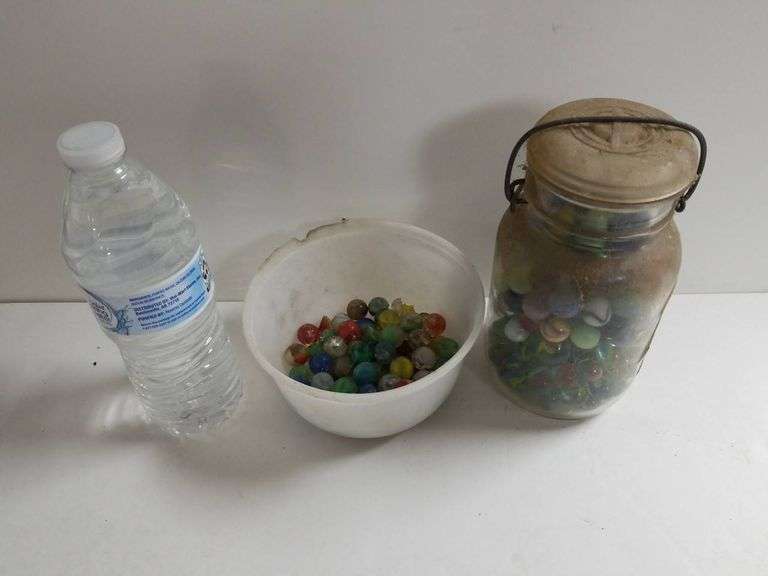 Collection of Marbles in Jar and Plastic Bowl - Trice Auctions