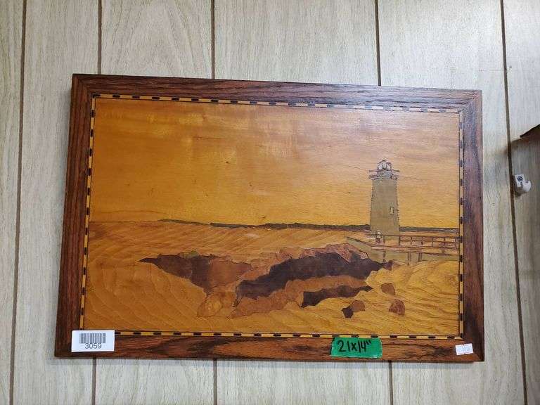 Inlaid Artwork Featuring Lighthouse Scene in Frame, 21×14 Inches ...