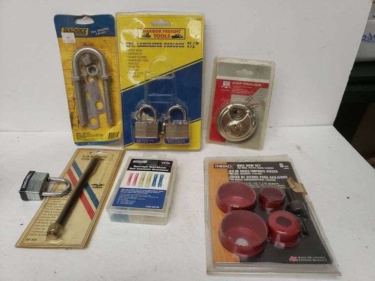 Lot of Mixed Hardware Items Including Padlocks, U-Bolt, and Hole Saw ...