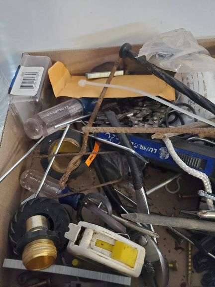Assortment of Miscellaneous Tools and Hardware in Cardboard Box - Trice Auctions