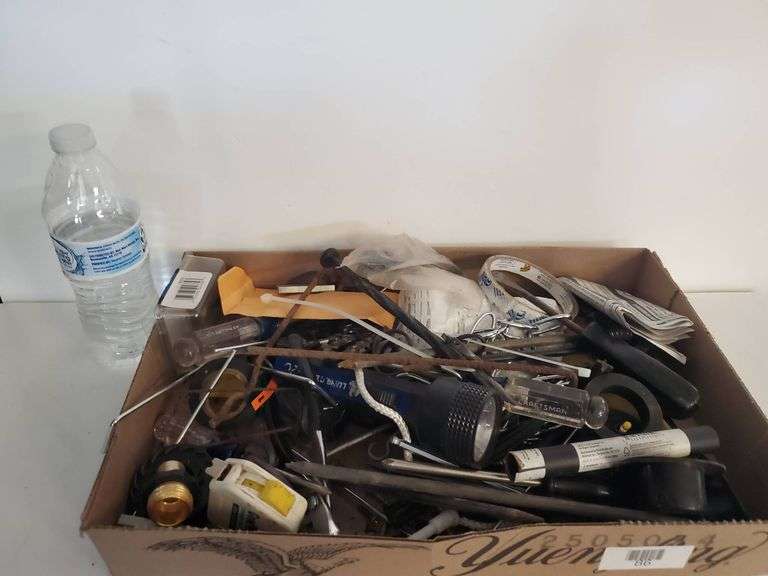Assortment of Miscellaneous Tools and Hardware in Cardboard Box - Trice Auctions