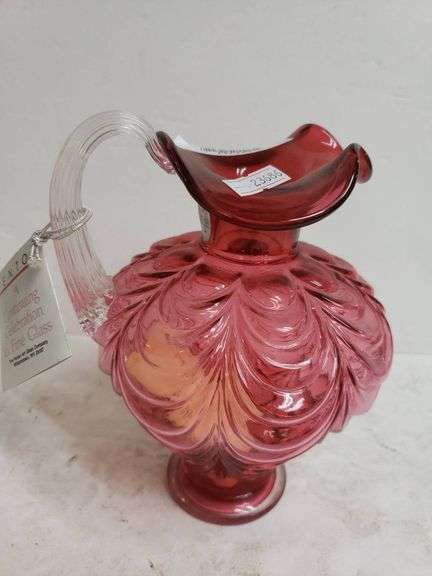 Fenton Glass Pitcher with Leaf Motif and Applied Handle - Trice Auctions