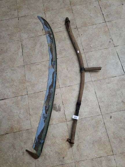 Hand Scythe With Painted Metal Blade and Wooden Handle - Trice Auctions