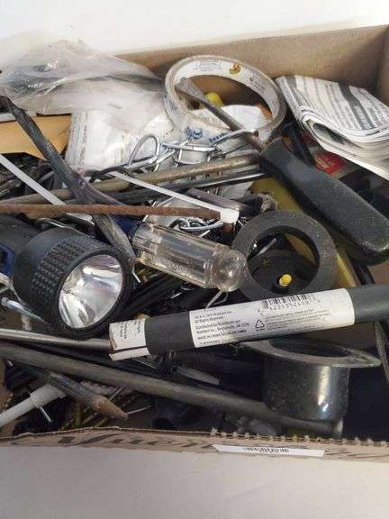 Assortment of Miscellaneous Tools and Hardware in Cardboard Box - Trice Auctions