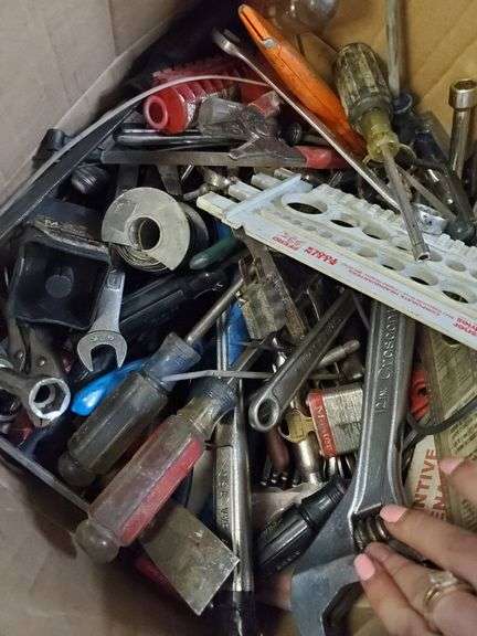 Box of Hand Tools Including Screwdrivers, Wrenches, and Miscellaneous Items - Trice Auctions