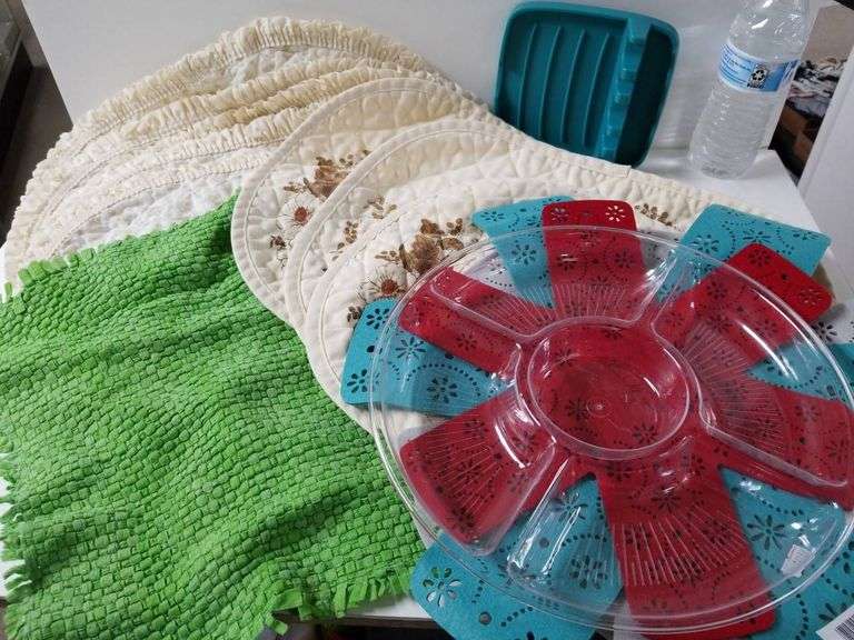 Assorted Table Linens, Plastic Tray, and Serving Accessories Set ...