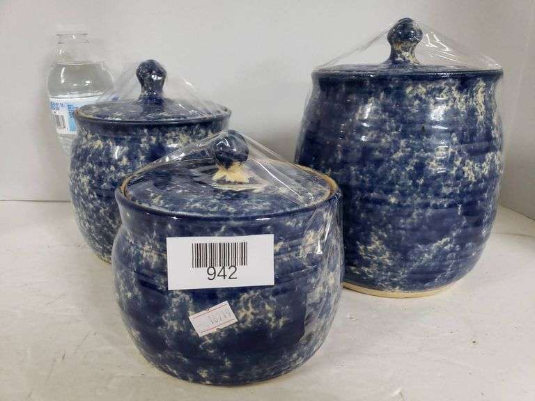 Set of Three Blue Ceramic Lidded Containers Signed by Bob Miller ...