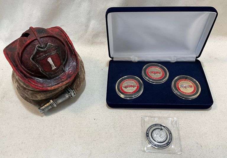 Fire Dept Challenge Coins, Fire Hat Piggy Bank - Trice Auctions