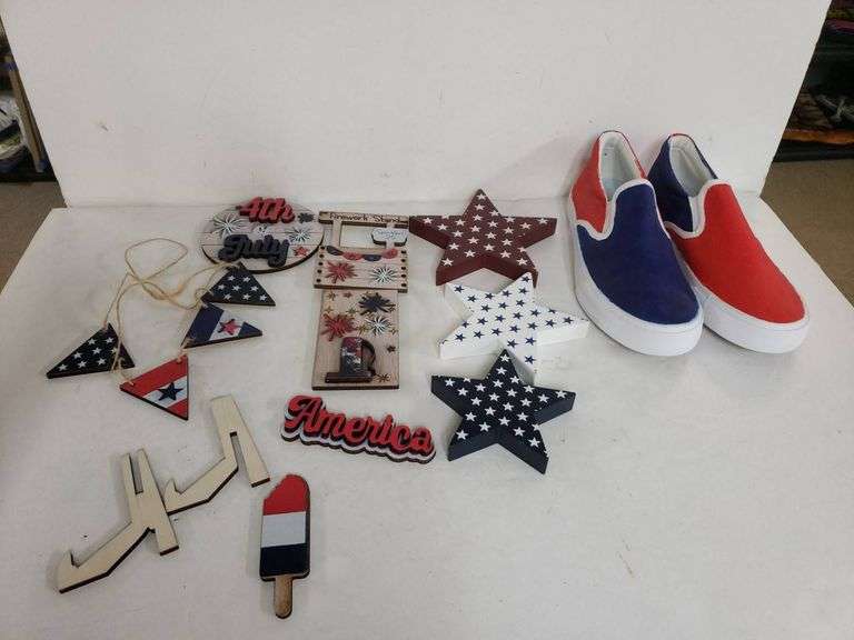 Red, White, and Blue Themed Decor and Slip-On Shoes, Size 9.5 - Trice ...