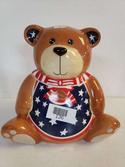 Patriotic Bear-Themed Ceramic Coin Bank With Removable Lid - Trice Auctions