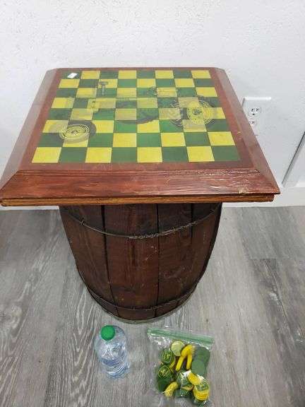 Barrel Table With Checkerboard Top and John Deere Pieces - Trice Auctions