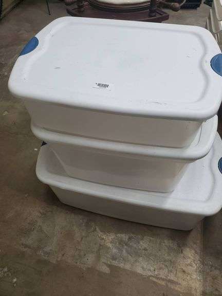 Large White Plastic Storage Totes with Lids and Blue Handles - Trice ...