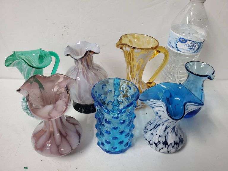 7 Multi-Color Art Glass Vases and Pitchers - Trice Auctions