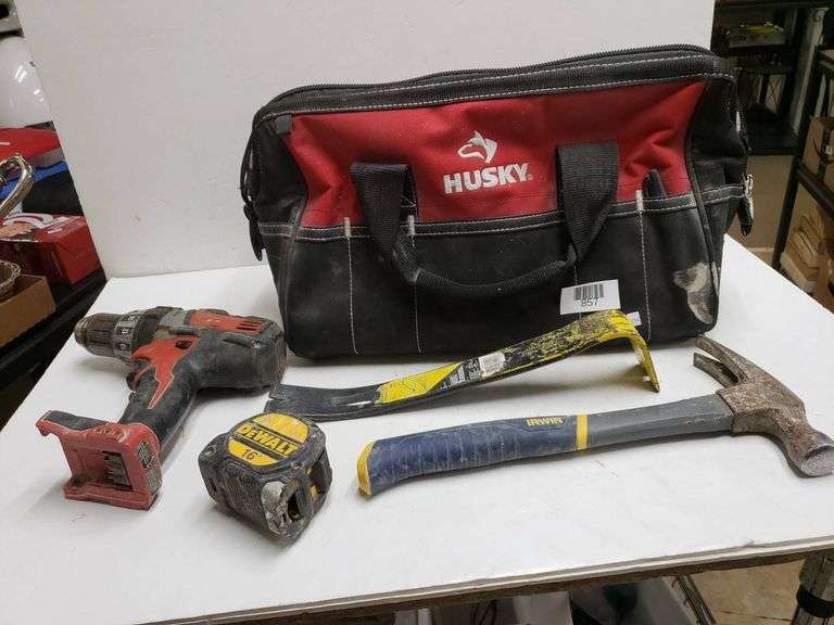 Husky Tool Bag with Drill, Hammer, Pry Bar, Tape Measure, and ...