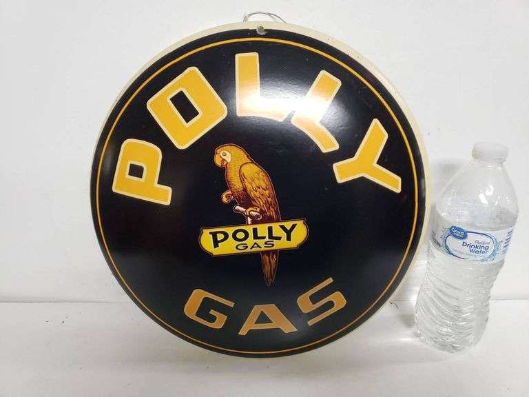 Circular Polly Gas Sign with Yellow Accent and Parrot Logo - Trice Auctions