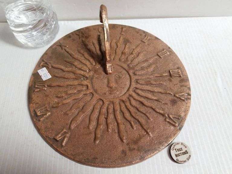 Cast Metal Sundial with Roman Numerals and Sun Face - Trice Auctions
