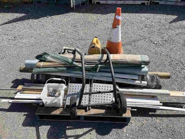 Pallet Assorted Sundries inc Ladder Steps, Bamboo Screen, Witches Hats ...