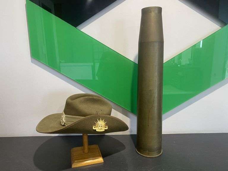 Large Empty Brass Navy Canon Shell & Replica WW2 Slouch Hat & Badge ...