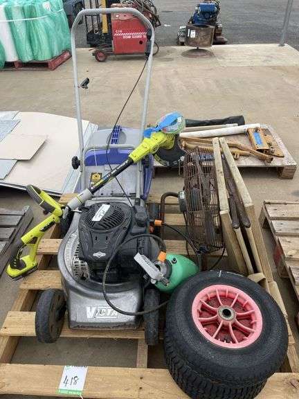 Pallet inc Victa Mower, Trolley Wheels, Fan, Ryobi Whipper Snipper ...