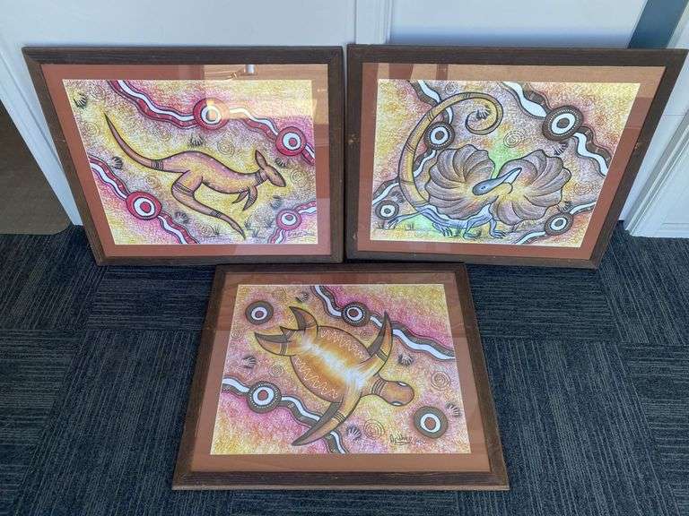 3x Signed Arthur 2012 Hand Drawn Aboriginal Artwork Timber Framed inc ...