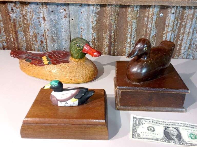 Two vintage wooden duck boxes and the top of a wicker duck basket ...