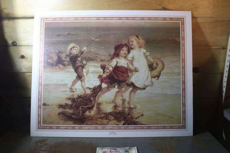 Large framed vintage canvas beach art "Sea Horses" signed by Fred ...