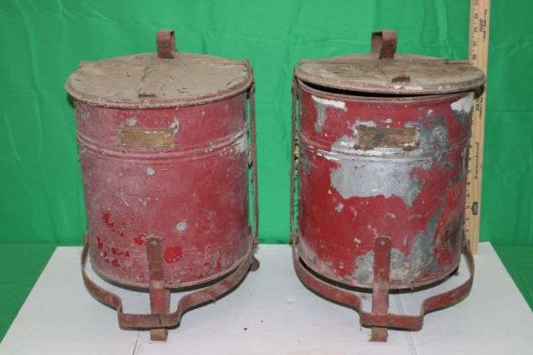 Pair of vintage red underwriters laboratories industrial waste can/ oil ...