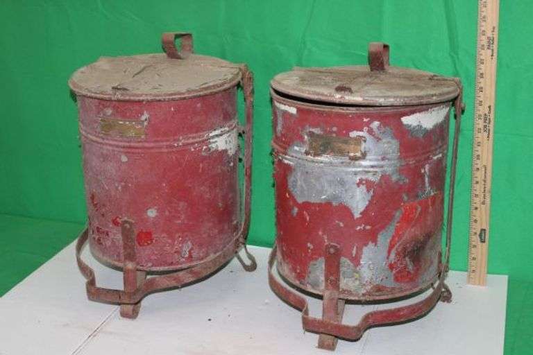 Pair of vintage red underwriters laboratories industrial waste can/ oil ...