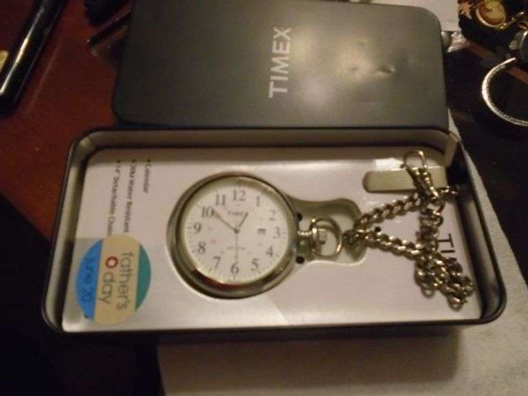 New Timex Pocket Watch w/Chain in metal tin (K) Cash Only - Texas ...
