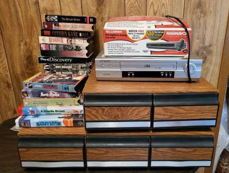 TV Converter, Philips VCR, VHS Storage (filled w / VHS Tapes) and Loose ...