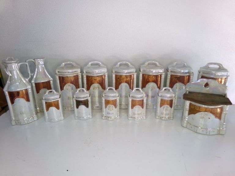 Antique White Block Germany Lusterware 14 piece canister set including ...