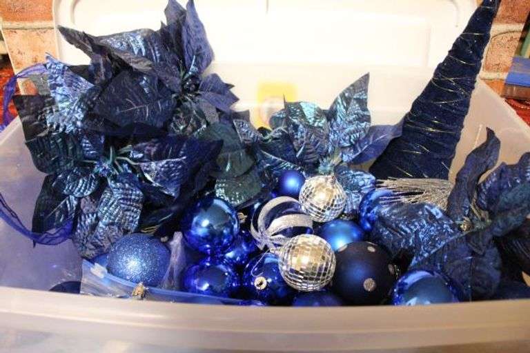 Full Tub of Beautiful BLUE and SILVER Ribbon, Ornaments, Poinsettias ...