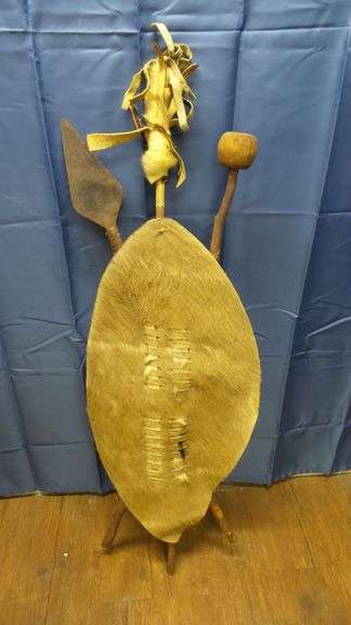 AWESOME Vintage African Cattle Hide Zulu Shield w/Spear & Club! NEAT ...