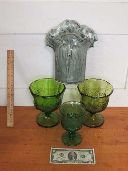 Mixed Green Lot with Wall Pocket and Three Footed Goblets as shown ...