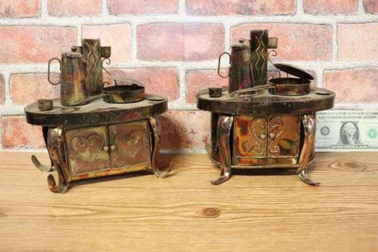 VINTAGE ANIMATED COPPER MUSIC BOXES - VTG STOVE WITH HEARTS AND VTG ...