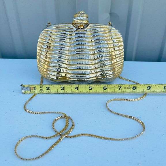 Vintage Gold Tone Metal Sea Shell Clutch Purse with Rhinestones - Texas ...