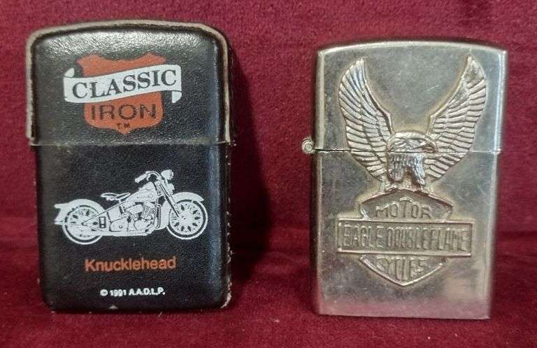 Lot of 2 Harley Lighters Including 1 Leather Classic Iron Knucklehead And a Motor Eagle ...