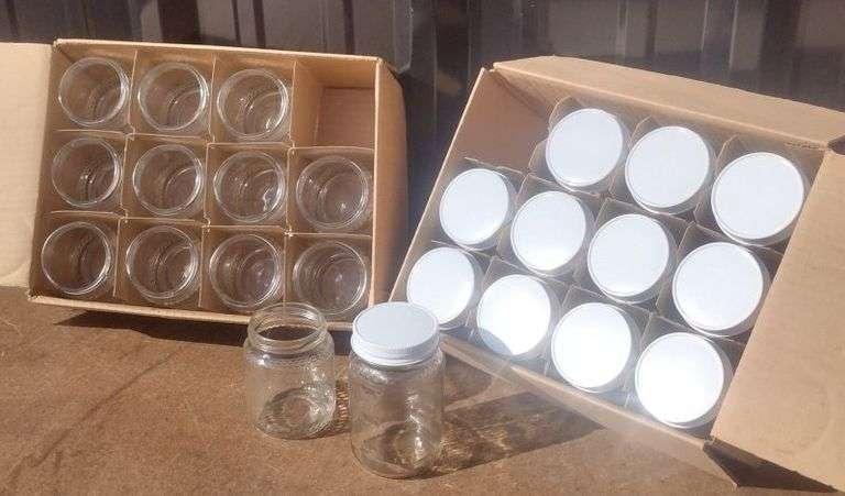 24 unused glass jars - 12 honeycomb design and 12 mason with lids ...
