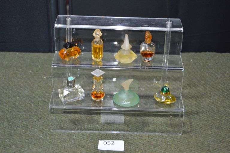 8 MINIATURE PERFUME BOTTLES. 2 FULL, 1 ALMOST FULL, 2 ARE HALF FULL & 3 ...