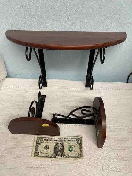 LOT OF 3 WOOD AND METAL WALL MOUNT DISPLAY SHELVES LARGEST SHELF (16"W ...