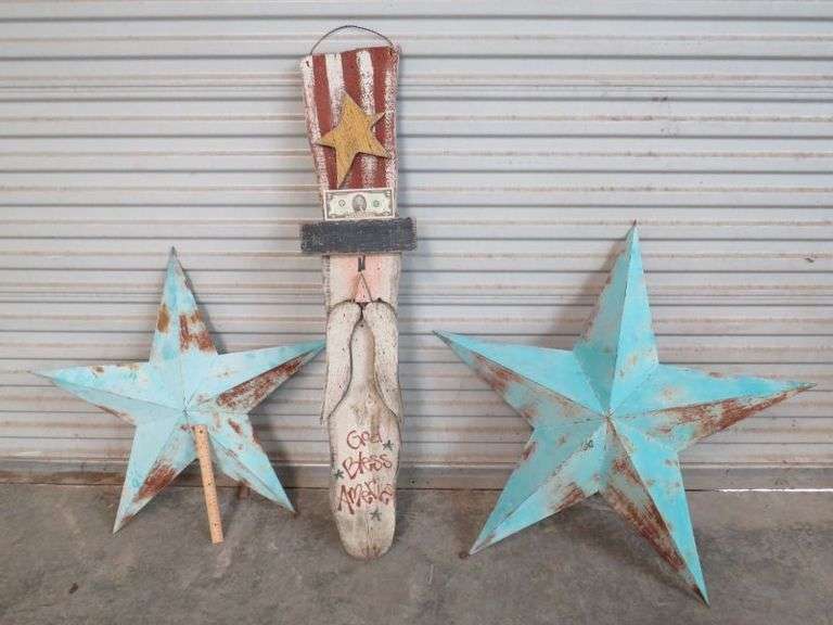 Two Blue Metal Stars and Wood "God Bless America" Uncle Sam as shown ...