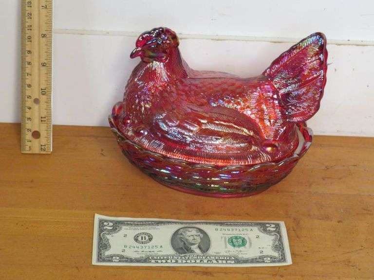 Red Carnival Glass Hen on Nest as shown - Texas Online Auction House