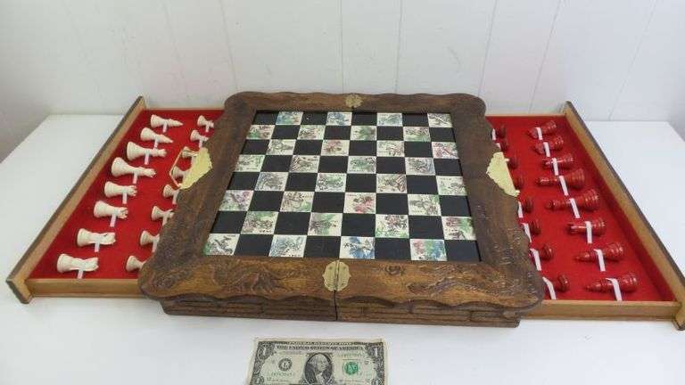 Gorgeous Oriental Carved Wood Inlaid Tile Chess Board! (6C) - Texas ...