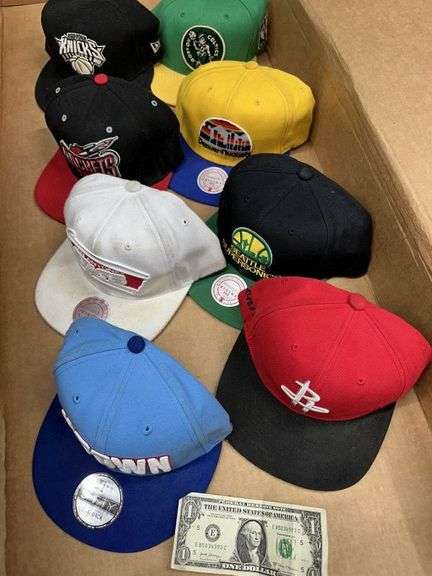 LOT OF 8 NBA CAPS. IN GOOD SHAPE. WHITE ONE IS THE ONLY REALLY DIRTY ...