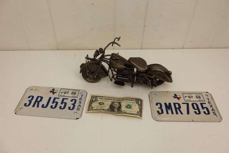 Vintage Handmade Metal Motorcycle Model & Lot of Two Motorcycle License ...