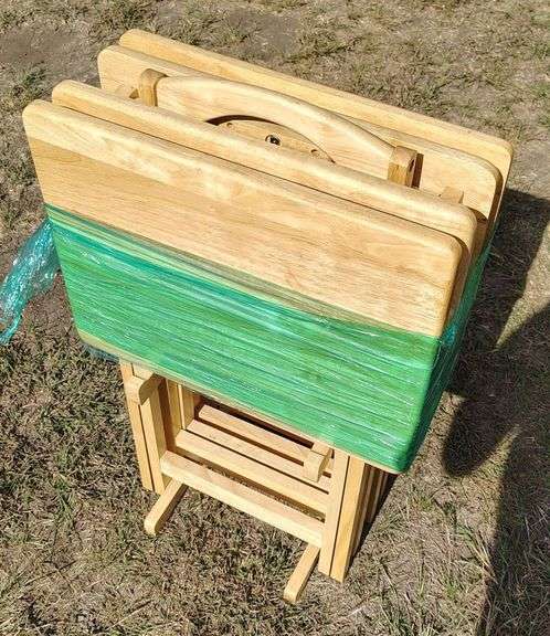 Vintage MCM Solid Blonde Wood 4 Tv Trays with Stand Fold Out - Texas ...