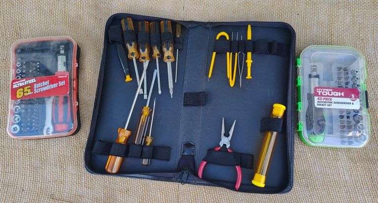 Tool lot with cases full of screwdrivers, sockets, ratchets, tweezers ...