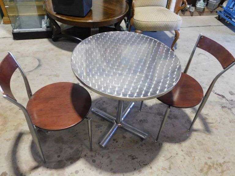 Man Cave- Round Stainless Steel Table with 2 Heavy Wooden Chairs ...