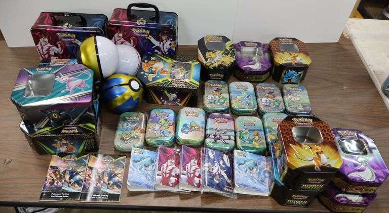 LARGE Lot of Assorted Pokemon Tins, Card Albums, Coins/Tokens & More ...