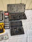 Assorted tool lot with cases of sockets for wrenches, tap and die set, drill driver bits and ...